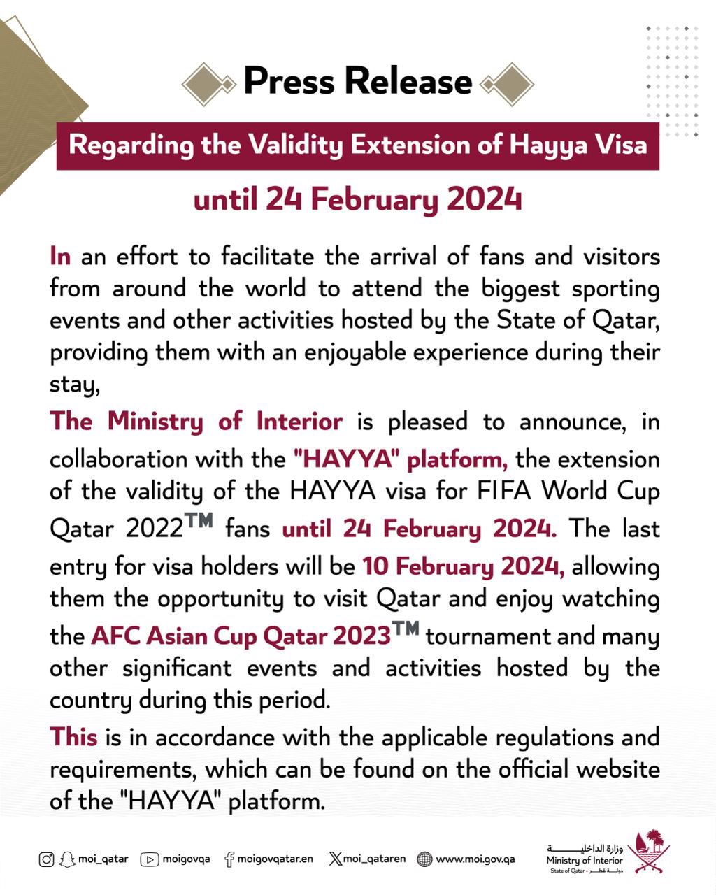 Qatar : Extension de la validité des Hayya Cards pour la Coupe d'Asie